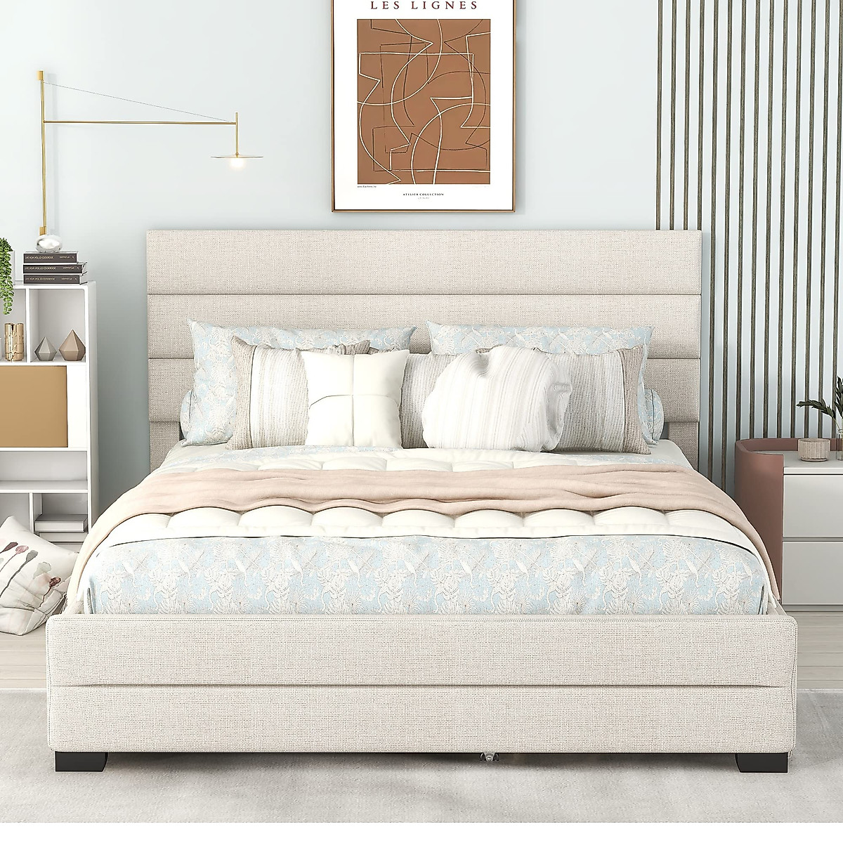 Harper & Bright Designs Queen Upholstered Platform Bed with Twin Size Trundle and Storage Drawers, Wooden Queen Bed Frame with Headboard, No Box Spring Needed (Queen Size, Beige)
