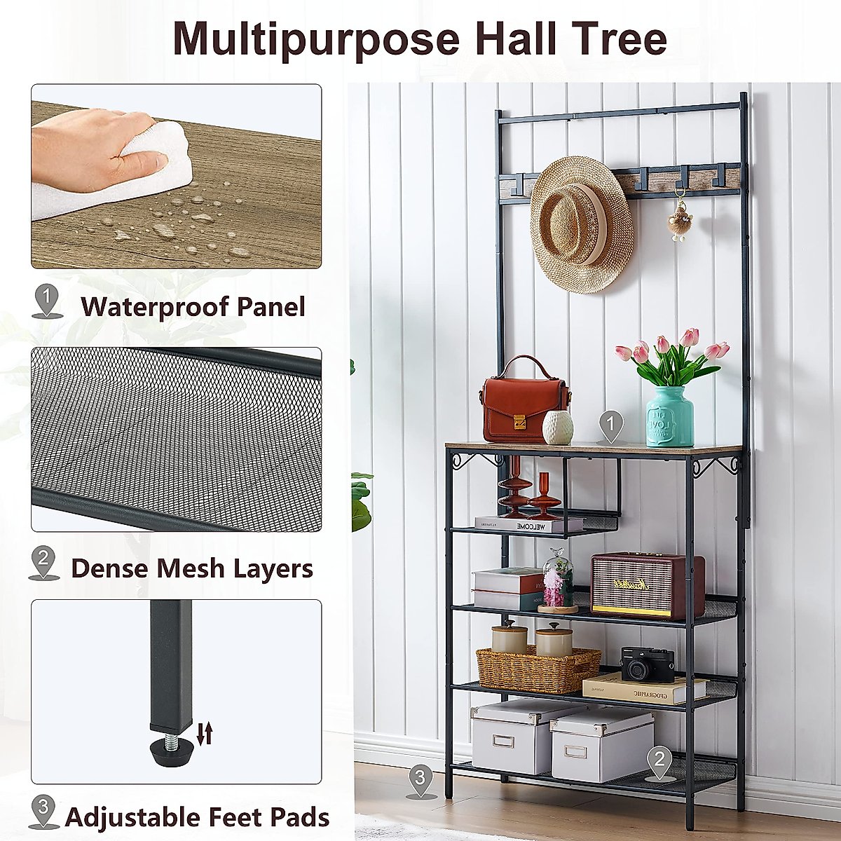 Hoctieon 5-Tier Hall Tree with Shoe Rack, Hall Trees for Entryway with Storage, Hall Tree with Bench and Shoe Storage, Mesh Slant, Greige
