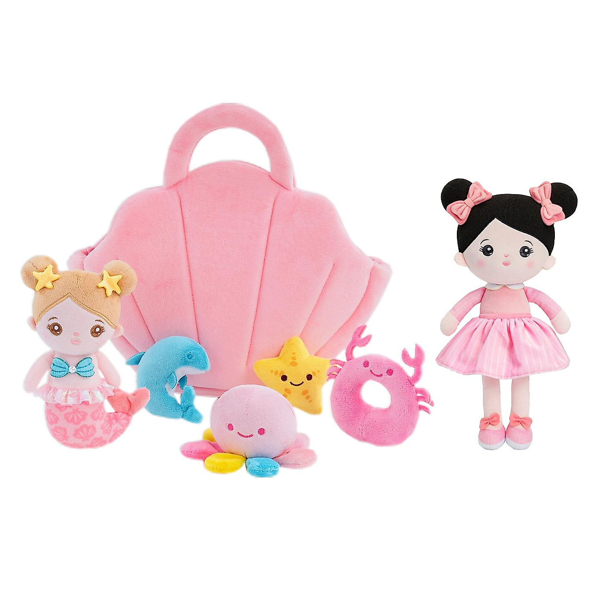 OUOZZZ 15" Soft Baby Doll for Girls Black Hair Pink Dress & Baby Girl Gifts Mermaid Toys - 6 Pieces Plush Toys Stuffed Animal Playset