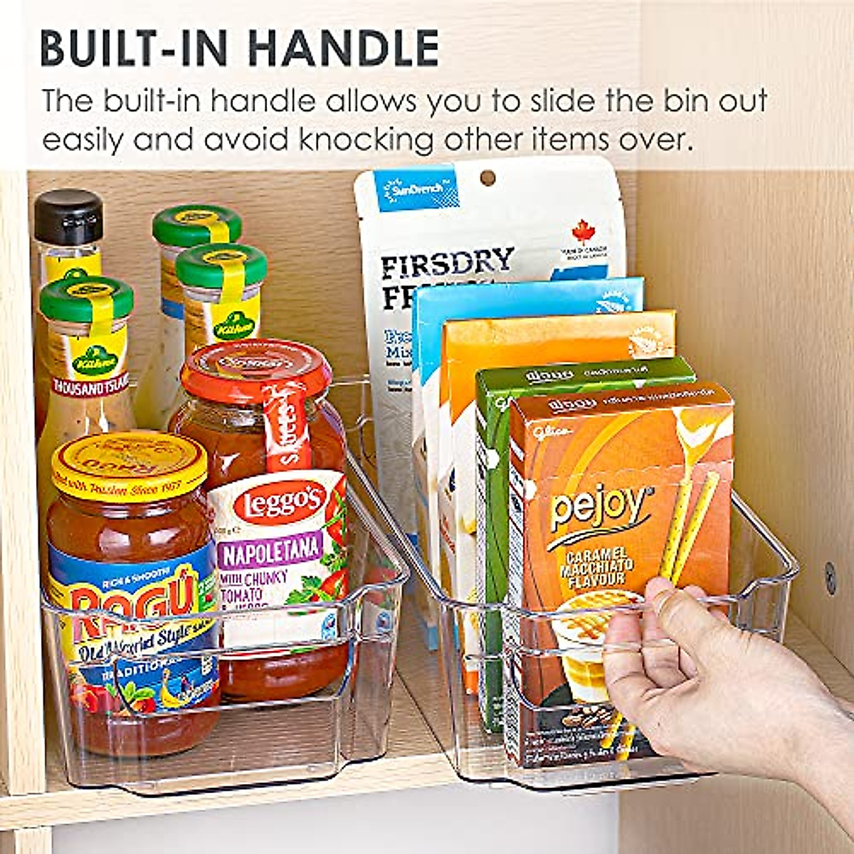 Refrigerator Organizer Bins, Vtopmart 4 Pack Large Clear Plastic Food Storage Bin with Handle for Freezer, Cabinet, Fridge, Kitchen Pantry Organization and Storage, BPA Free, 14.5" Long