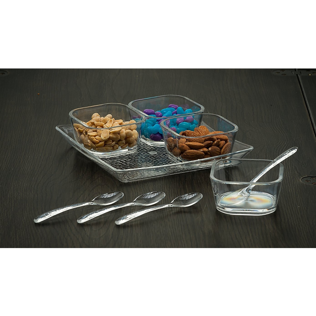 Lillian Tablesettings Clear Premium Acrylic Serving Set With Spoons (7.75" x 7.75" x 1", Pack of 6) - Perfect for Parties, Events, & Dining