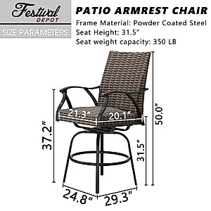 Festival Depot 2pcs Patio Bar Height Stools Rattan Wicker High Back 360° Swivel Chairs Patio Dining Chairs Metal Outdoor Furniture with Soft Seat Cushion for Bistro Lawn Garden Pool