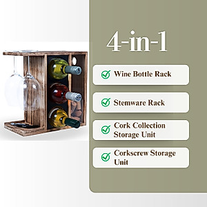 Rustic State Rias Countertop Wood Wine Rack for 3 Bottles and 2 Stemware Glass Holder Cork Storage Tabletop Tray Freestanding Organizer - Home, Kitchen, Dining Room Bar Décor - Burnt Brown