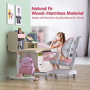 FCD Kids Desk, Wood Adjustable Height Ergomonoic Children Study Writing Reading Desk with Tiltable Desktop, Tablet Stand and Storage Drawers (Pink, Chair is not Included)