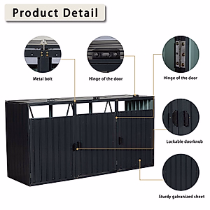Outdoor Garbage Bin Storage Shed Stores 3 Trash Cans, Metal Bin Shed with Lockable Doors, Durable Stainless Galvanized Steel, Ventilated Bin Shed for Garden Yard Lawn, Black