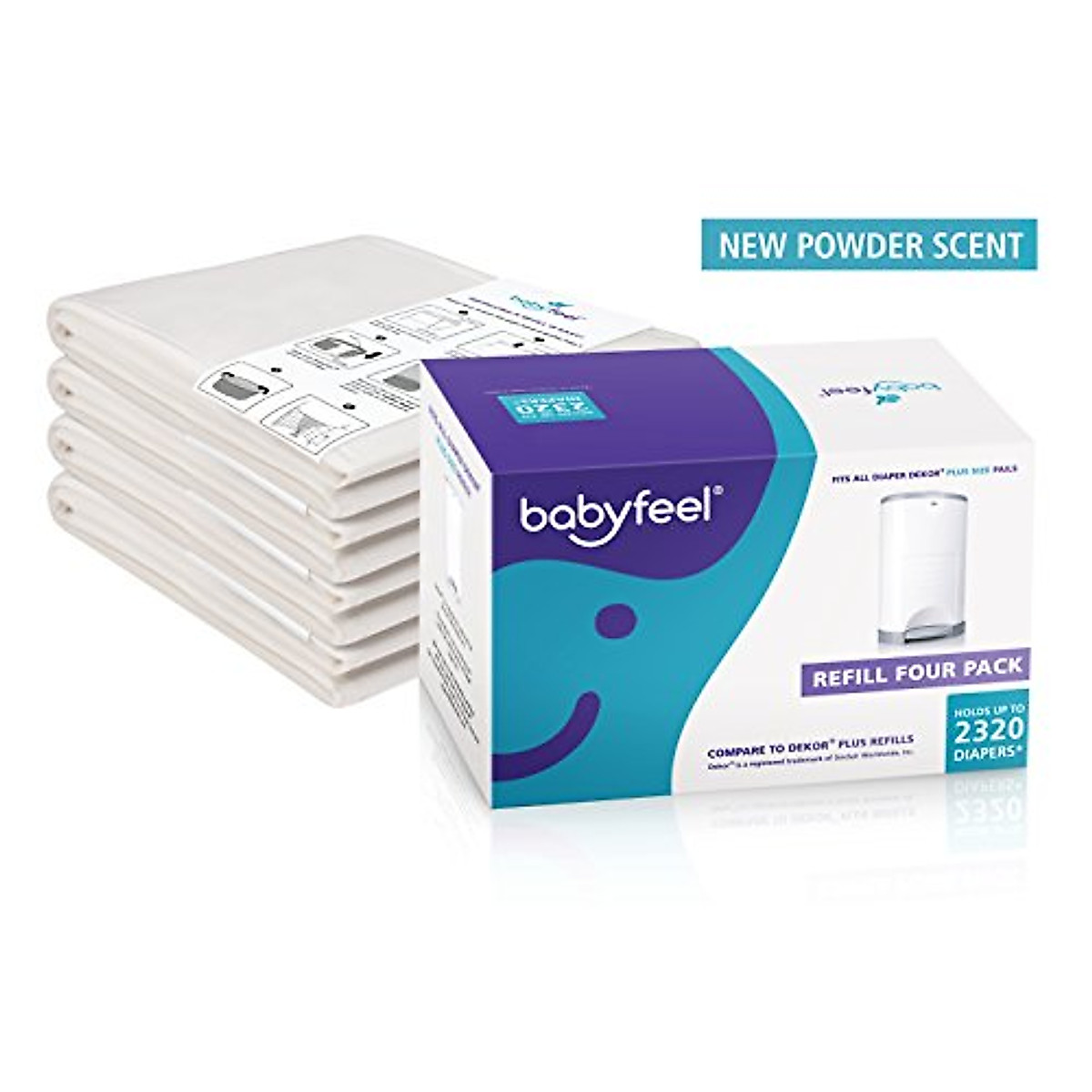 Babyfeel Refills Compatible with DEKOR PLUS Diaper Pails | 4 Pack | Exclusive 30% Extra Thickness | Diaper Pail Refills with Powerful Odor Elimination | Fresh Powder Scent | Holds up to 2320 Diapers