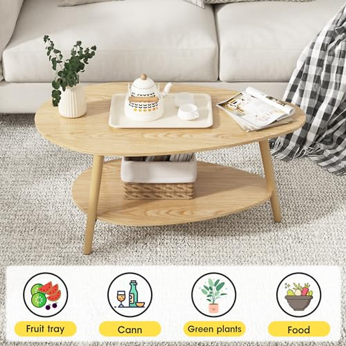Maupvit Coffee Table-Oval Wood Table with Open Shelving for Storage and Display 2 Tier Sofa Table, Small Modern Furniture Living Room&Home Office-Nature Wood