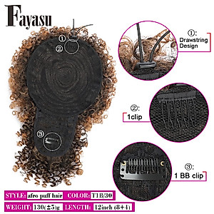 Fayasu Afro Puff Drawstring Ponytail with Kinky Curly Hair Clip in Bangs Short Ponytail Extension Black Girl Updo Hairpieces for Black Women (T30)