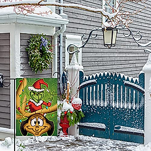 Covido Home Decorative Christmas Holiday Garden Flag, Xmas Santa Reindeer House Yard Lawn Outside Decoration, Winter Farmhouse Outdoor Small Burlap Flag Decor Double Sided 12 x 18