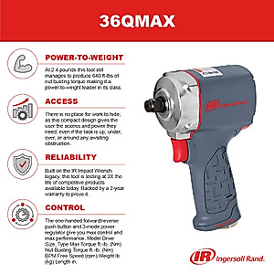 Ingersoll Rand 36QMAX 1/2" Short Drive, Air Impact Wrench, Quiet, Ultra Compact, 640 ft-lbs Nut-busting Torque, Maintenance Duty, Pistol Grip, Standard Anvil