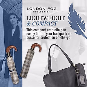 London Fog Rain Umbrella, Automatic Folding Umbrella, Windproof, Lightweight and Packable for Travel, Full 44 Inch Arc, Khaki Plaid