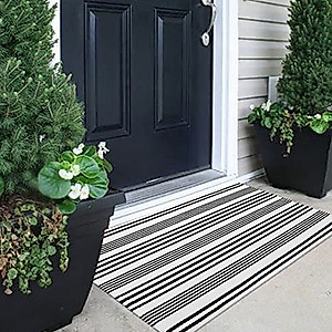 Black and White Striped Outdoor Rug, 27.5"x43" Cotton Modern Hand-Woven Reversible Front Porch Door Mat Welcome Layered Doormat Washable Doorway Carpet for Farmhouse Kitchen Laundry Room