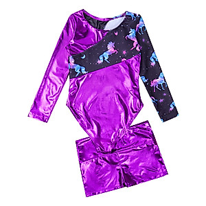 winying Kids Girls Long Sleeve Unitard Bodysuit with Shorts Fitness Gymnastic Leotard Dancewear Purple 6 Years