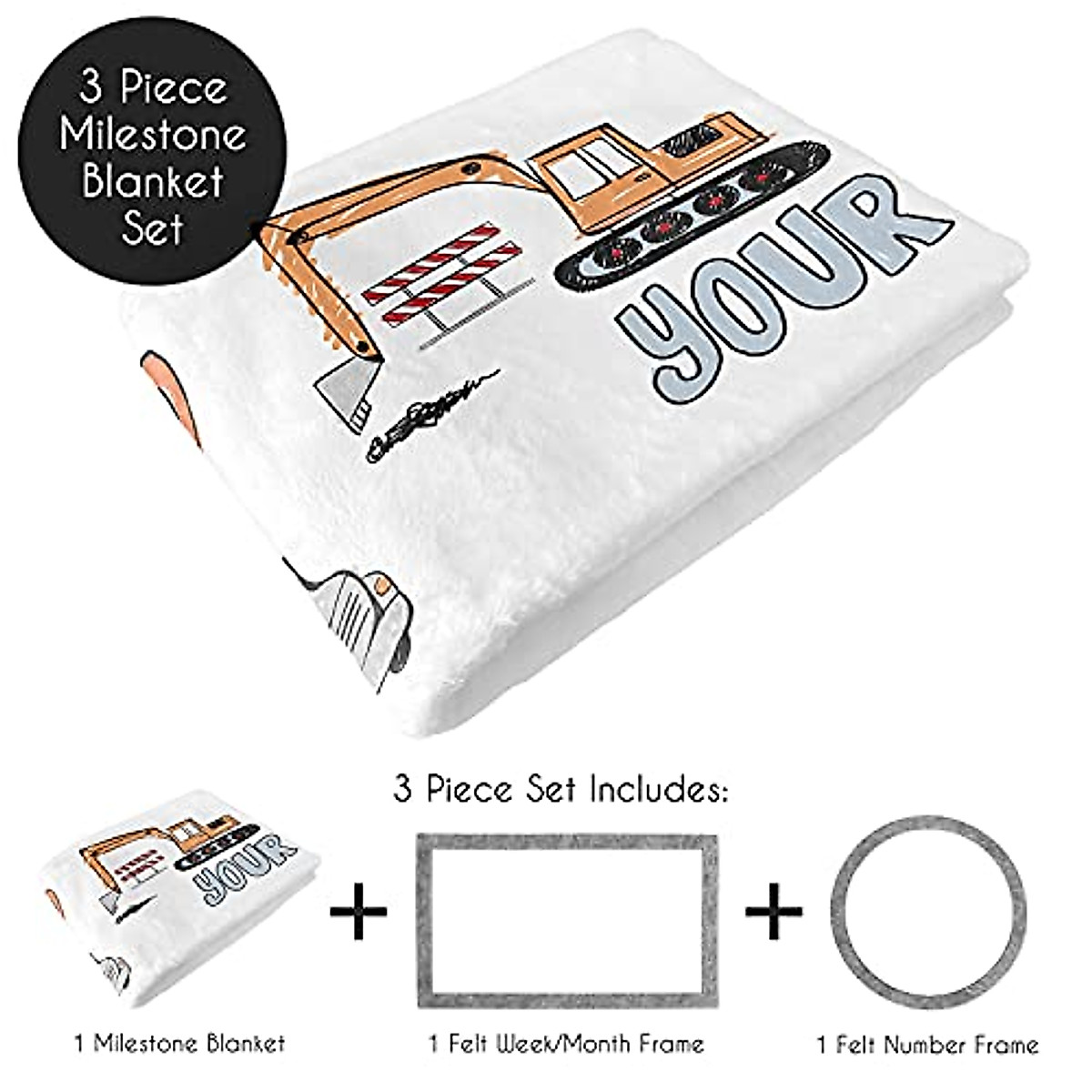 Sweet Jojo Designs Construction Truck Boy Milestone Blanket Monthly Newborn First Year Growth Mat Baby Shower Memory Keepsake Gift Picture - Grey Yellow Orange Red Blue Transportation Chevron Arrow