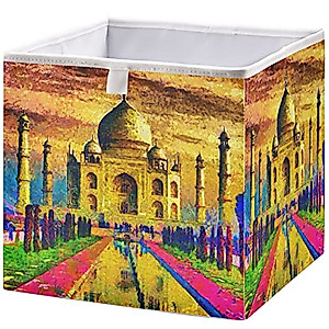 visesunny Closet Baskets Taj Mahal Palace Colorful Oil Painting Storage Bins Fabric Baskets for Organizing Shelves Foldable Storage Cube Bins for Clothes, Toys, Baby Toiletry, Office Supply