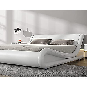 SHA CERLIN Full Size Bed Frame Luxury Wave-Like Modern Upholstered Low Profile Platform Bed, Faux Leather Sleigh Bed with Adjustable Headboard, No Box Spring Needed, White