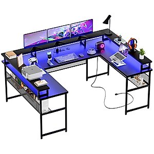 Unikito U Shaped Computer Desks, Reversible Office Desk with LED Strip and Power Outlets, L Shaped Table with Full Monitor Stand and Storage Shelves, 83 Inch Large U- Shape Gaming Desk, Black
