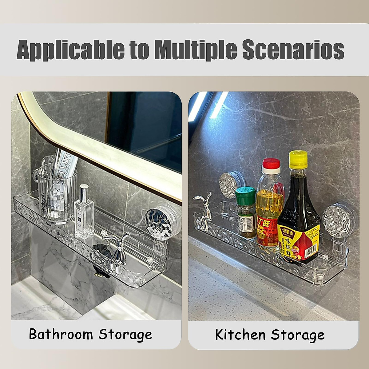 Androf Acrylic Transparent Shower Storage Rack, No Drill Clear Wall Caddy Suction Cup, Raidley Easymount Bathroom Storage Shelf, Light Luxury Punch-Free Corner Shelves with Rabbit (Clear Square)