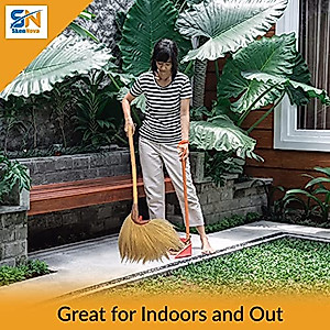 Asian Straw Broom Thai Natural Kong Grass Broom Bamboo Uca Handle for Sweeping Garbage Dust (Kong Grass)