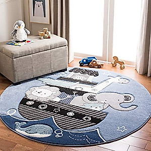 SAFAVIEH Carousel Kids Collection 4' Round Blue/Grey CRK121B Animal Nursery Playroom Area Rug