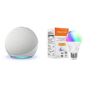 Echo Dot (5th Gen) | Glacier White with Amazon Basics Smart Color Bulb