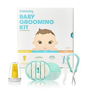Frida Baby Grooming Kit | Baby Essentials Gift Set Includes Finger Brush with Storage Stand, Hair Brush with Case, Styling Hair Comb, Easy Grip Nail Scissors with Nail File and Case
