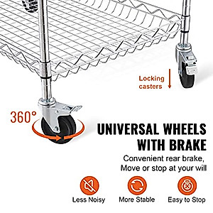VEVOR Kitchen Utility Cart, 3 Tiers, Wire Rolling Cart with 661 LBS Capacity, Steel Service Cart on Wheels, Metal Storage Trolley with 80 mm Deep Basket Curved Handle 6 Hooks, NSF Listed