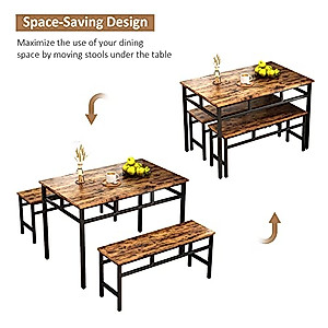 CALABASH Dining Room Table Set with 2 Benches, Industrial 3 Piece Dining Set for Home, Kitchen, Apartment and Small Space,Rustic Brown and Black Metal Frame