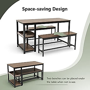 COSTWAY 3-Piece Dining Table Set for 4, Rustic Pub Dining Table with 2 Benches, 2 Storage Shelves and Glass Holder, Breakfast Kitchen Table and Chairs Set for Small Space Kitchen Restaurant Bar