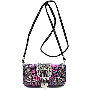 Camouflage Crown Buckle Western Style Purse Floral Shine Glow Country Handbag Women Shoulder Bag Crossbody Wallet Set (Purple)