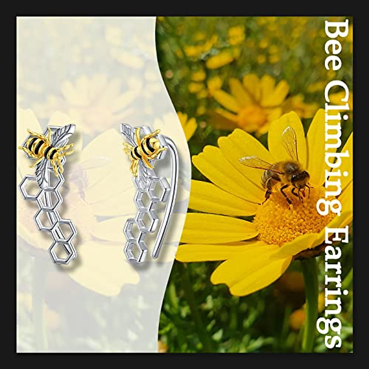PELOVNY 925 Sterling Silver Bee Earrings Honeycomb Bee Ear Climbers Earrings Jewelry Gifts for Women