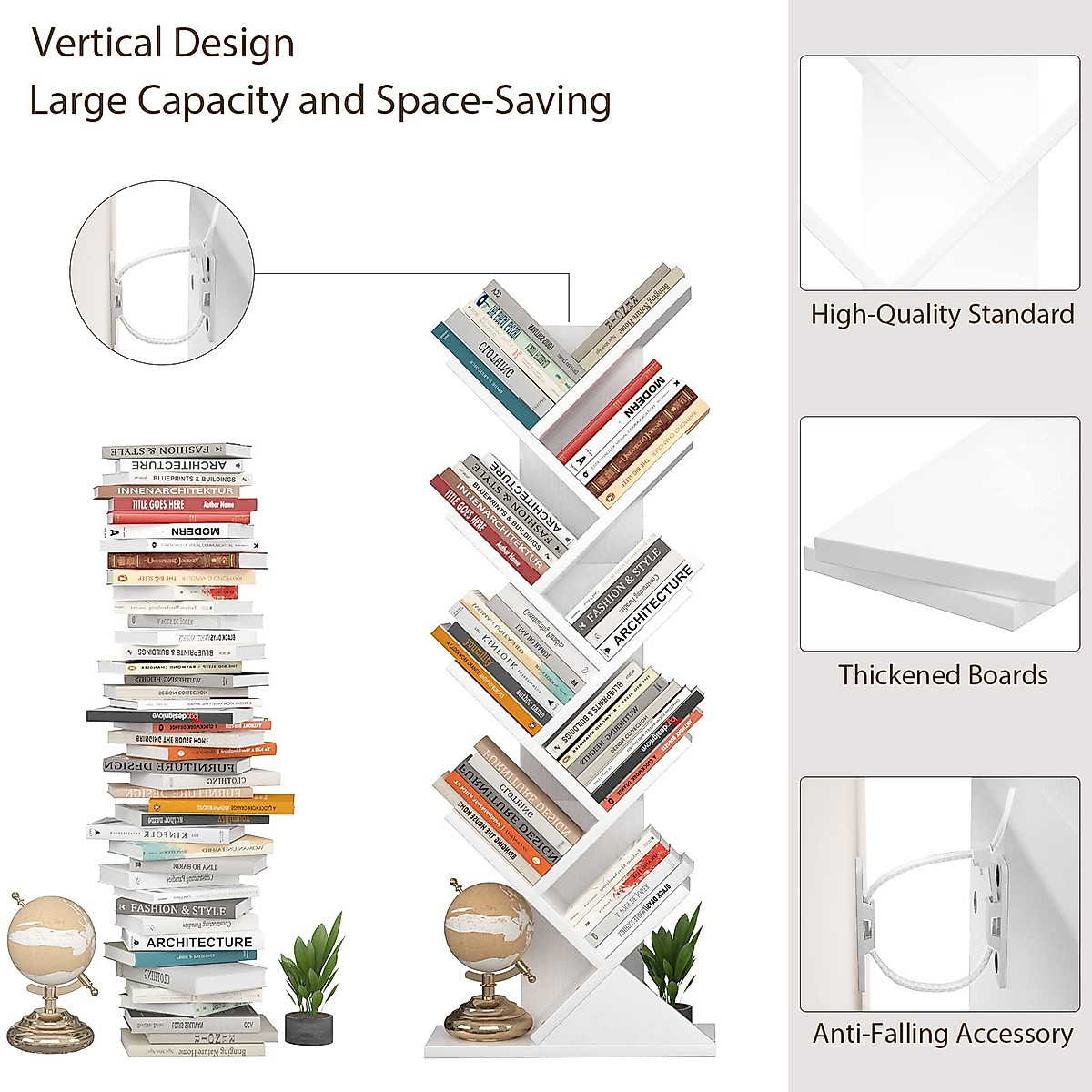 Topfurny Tree Bookshelf, 9-Tier Shelf Rustic Brown Bookcase, Retro Wood Storage Rack for CDs/Movies/Books, Anti-Fall Utility Organizer Shelves for Living Room, Bedroom, Home Office, White Oak