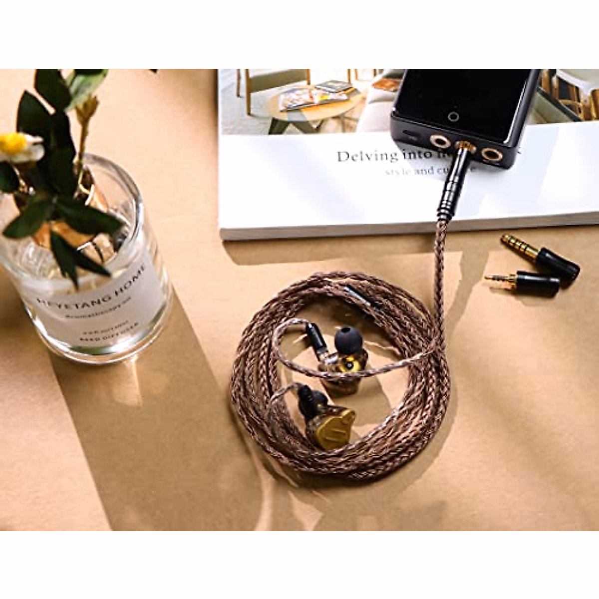 Linsoul Tripowin Amber 32AWG OFC Oxygen Free Cable HiFi IEM Cable with Interchangeable 2.5mm/3.5mm/4.4mm Plug, PVC Sleeve Replacement Cable for Audiophile (2pin, Amber)