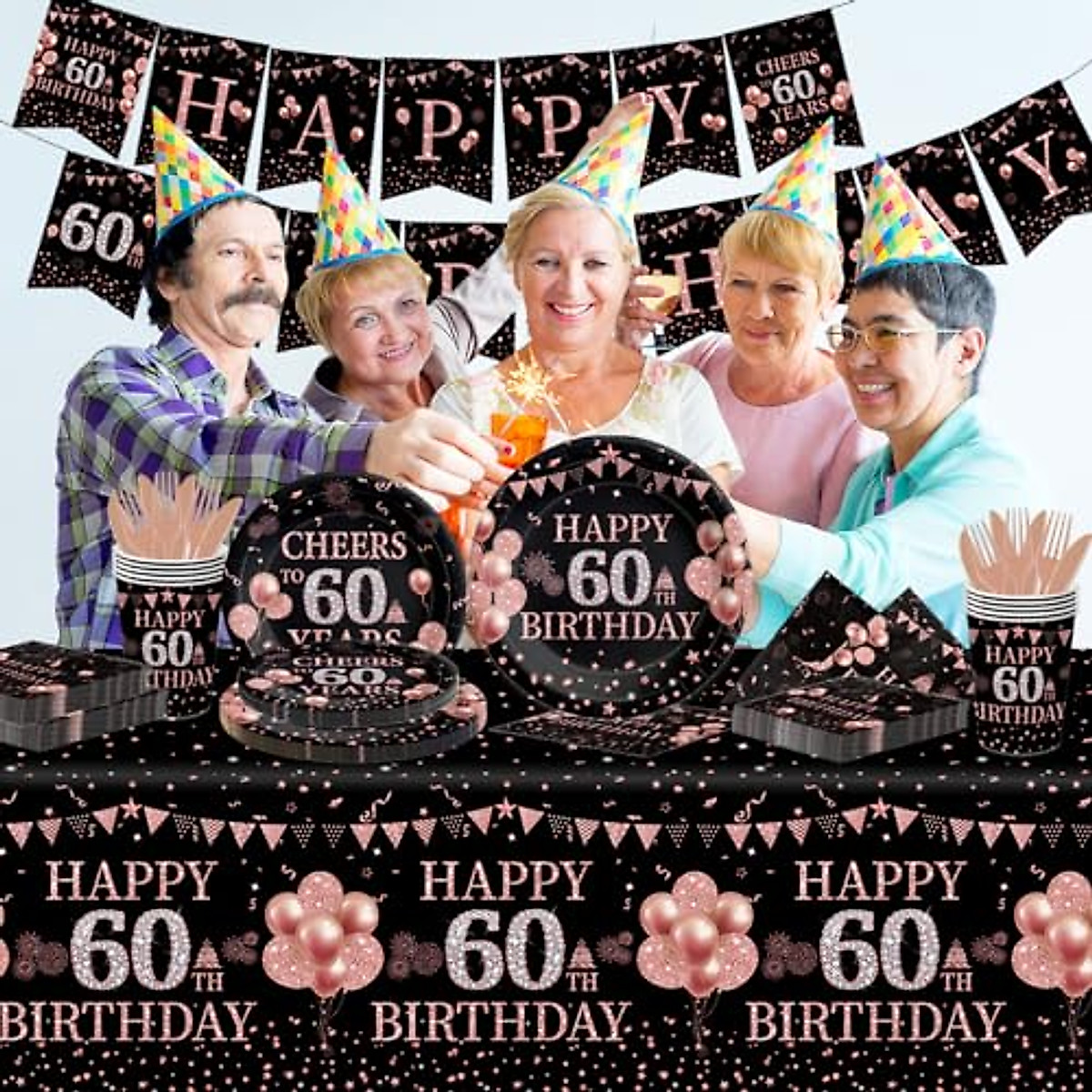 142Pcs Rose Gold 60th Birthday Decorations-Happy 60th Birthday Disposable Tableware for Women Rose Gold Birthday Plates and Napkins Set Serves 20 Guests