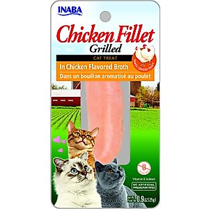 INABA Natural, Premium Hand-Cut Grilled Chicken Fillet Cat Treats/Topper/Complement with Vitamin E and Green Tea Extract, 0.9 Ounces Each, Pack of 6, Chicken Broth