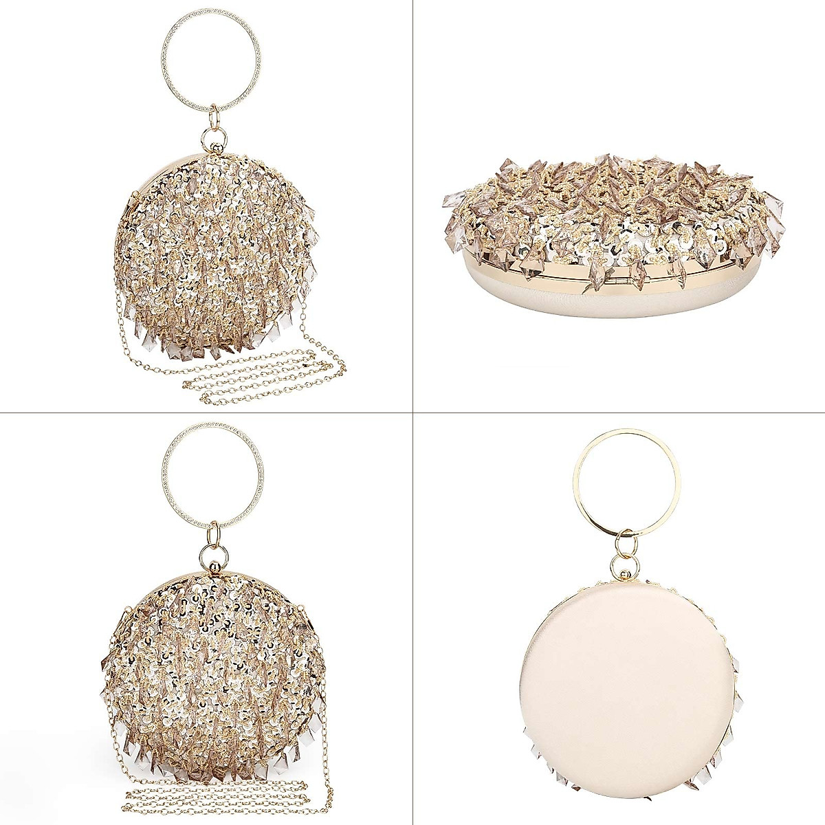 Tanpell Womens Evening Bag Round Beaded Clutch Handbag Sequins Bridal Wedding Purse for Cocktail Party (Gold)