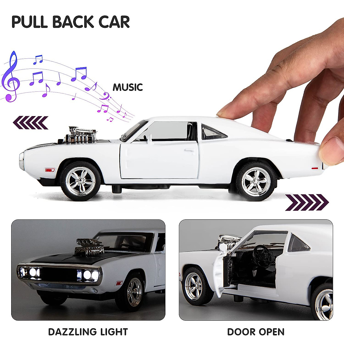 BDTCTK Compatible for 1:32 Dodge Charger Model Car, Zinc Alloy Pull Back Toy Car with Sound and Light for Kids Boy Girl White