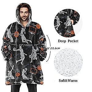 NZOOHY Sherpa Blanket Hoodie Basketball Sport Pattern Wearable Blanket Oversized Hoodie Blanket Gift for Adult Women Men Teens, One Size Fits All