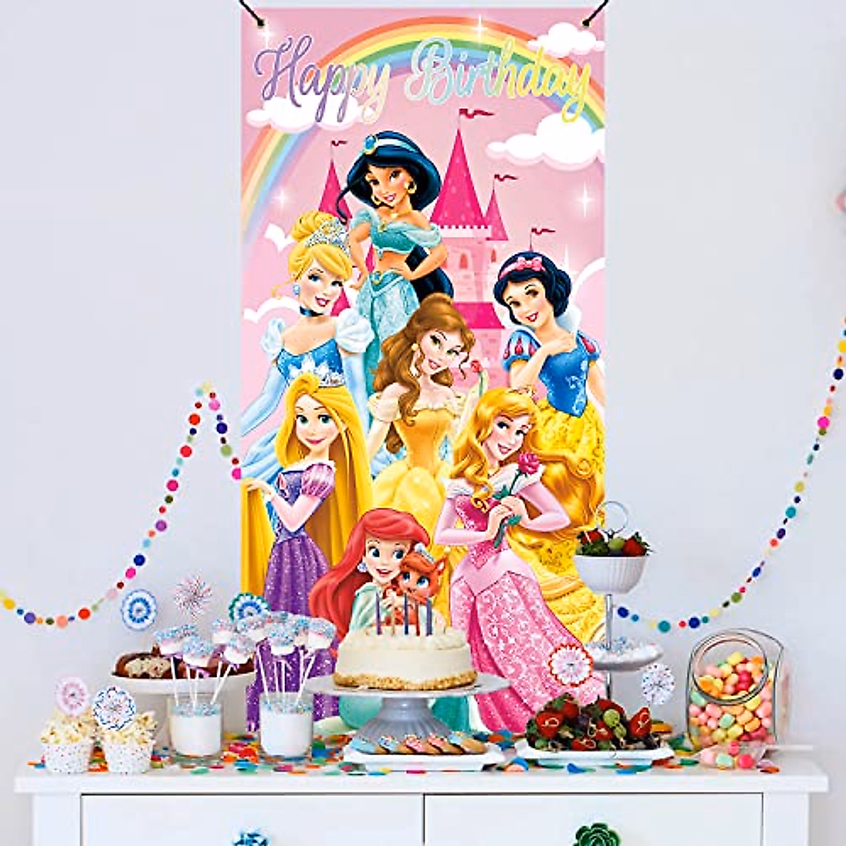Princess Girls Birthday 36x72inch Door Cover Banner Cartoon Princess Pink Rainbow Castle Party Porch Sign Decor Kids1st 2nd Happy Birthday Indoor Outdoor Decoration Supplies