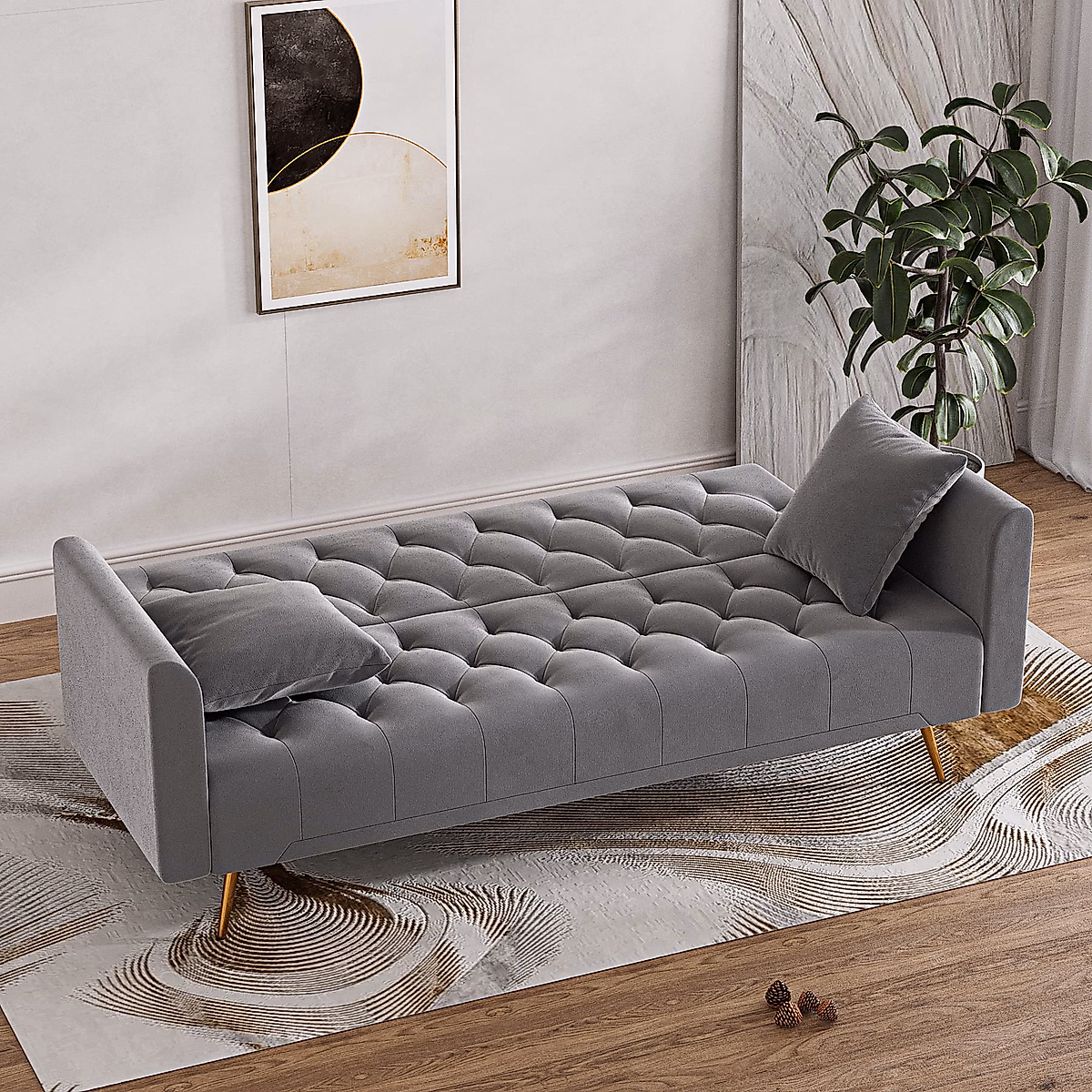 OUYESSIR Velvet Futon Couch Bed, 71 inch Loveseat Convertible Sleeper Sofa with 2 Pillows, Modern Small Futon Couch for Bedroom, Living Room (Grey)