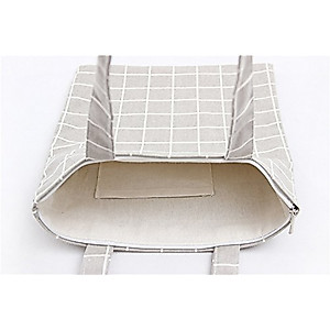 Hooshing Plaid Canvas Tote Bag with Zipper and Inside Pocket Reusable 100% Cotton for Shopping School Travel Gray