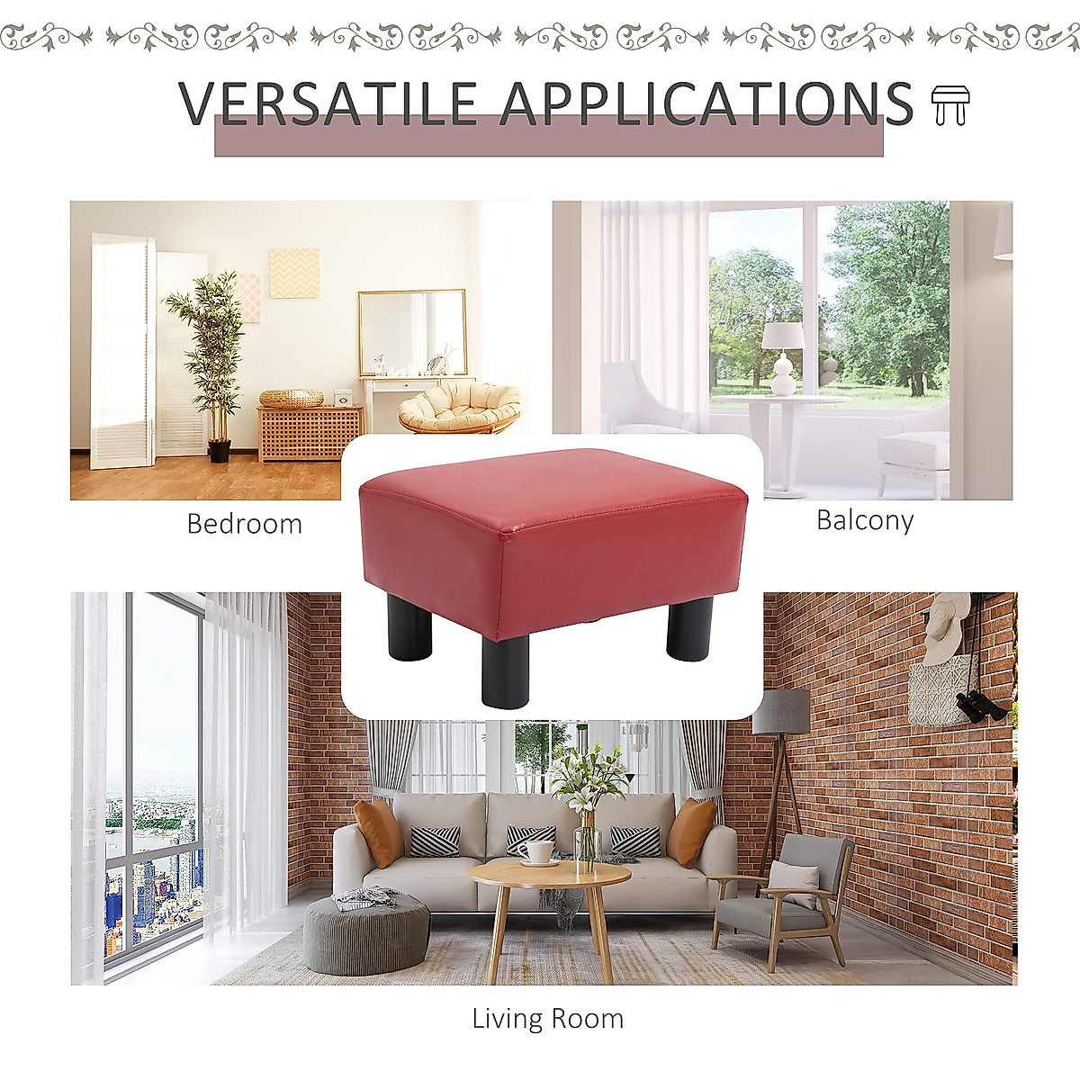 HOMCOM Ottoman Foot Rest, Small Foot Stool with Faux Leather Upholstery, Rectangular Ottoman Footrest with Padded Foam Seat and Plastic Legs, Red