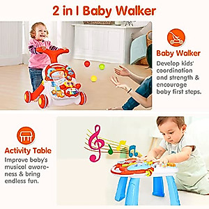 2-in-1 Baby Walker for Girls Boys, Sit to Stand Learning Walker and Activity Center Table, Educational Baby Push Walker, Musical Infant Toys for 1 Year Old Kids Birthday Gift for 6 9 12 18 24 Months
