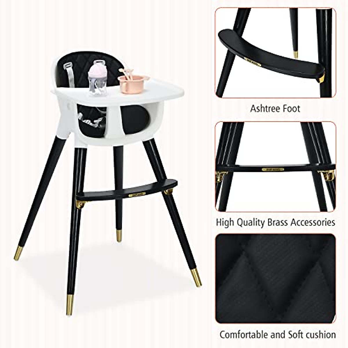 INFANS 3 in 1 Wooden High Chair for Kids and Toddlers, Modern Convertible Design with Removable Tray, Detachable Cushion, Adjustable Legs, 5-Point Harness, Footrest, Dinning Seat for Infant Girl Boy