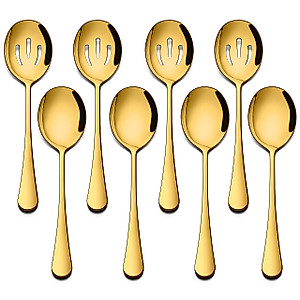 Homikit Stainless Steel 4 Gold Serving Spoons, 4 Gold Slotted Serving Spoons, Metal Buffet Dinner Party Banquet Restaurant Catering Serving Utensils, Mirror Polished, Dishwasher Safe