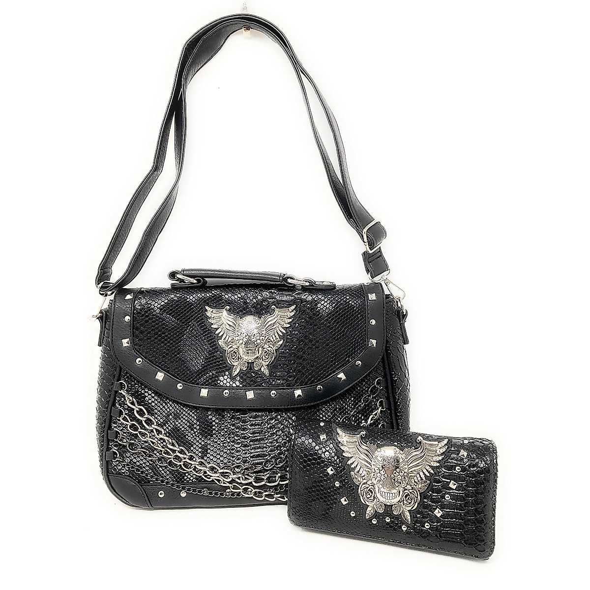 Texas West Women's Skull Chain Concealed Carry Handbag Purse Shoulder Bag/Crossbody Bag/Walllet (Black Set)