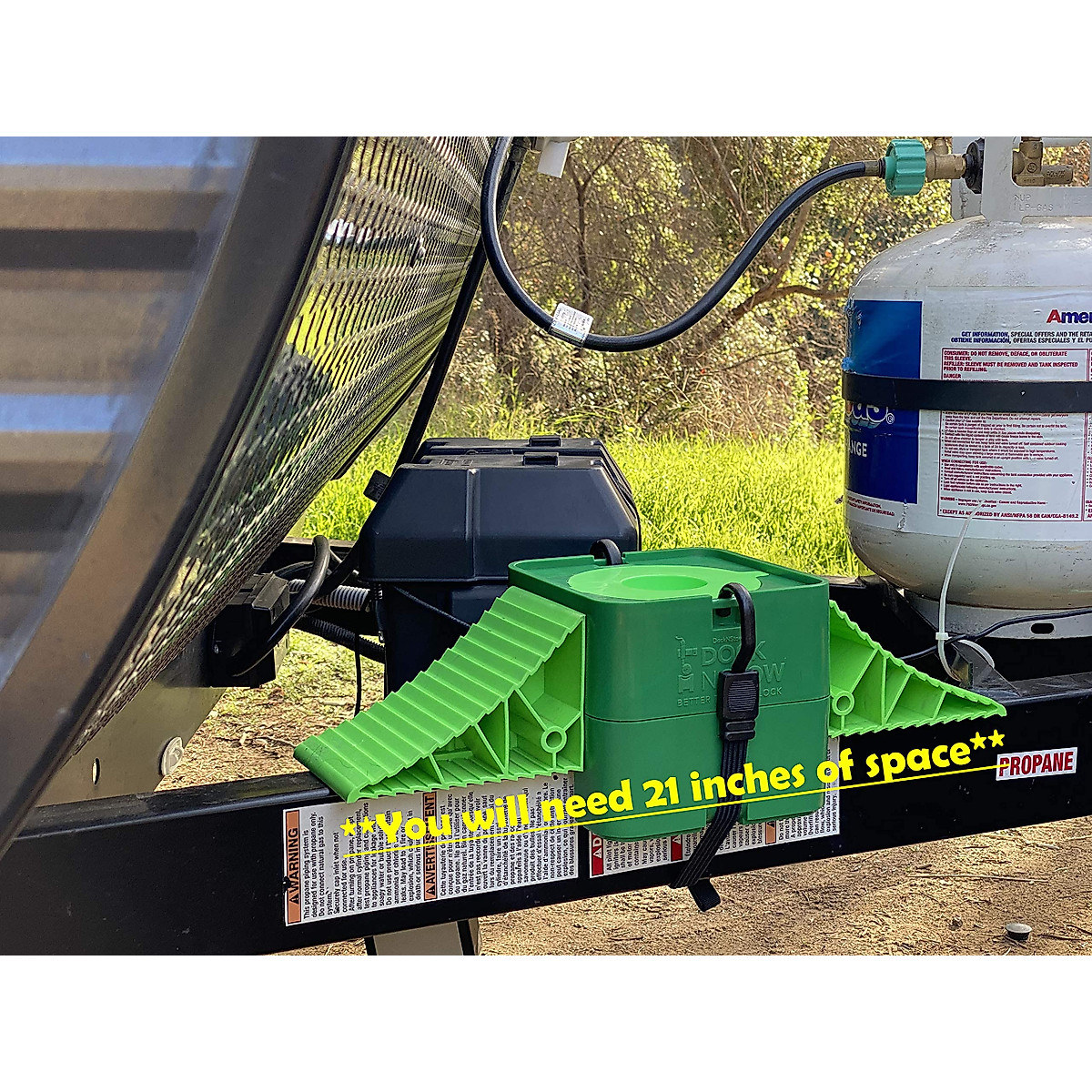 Dock N Stow Trailer Jack Stand, Stabilizer Leveling Block Store on Tongue Frame, Fits Most Jacks, Set Includes Wheel Chocks & Lock, RV Camper, Boat, Pop Up Travel Accessories, Secure w/Bungee, GEN 1B