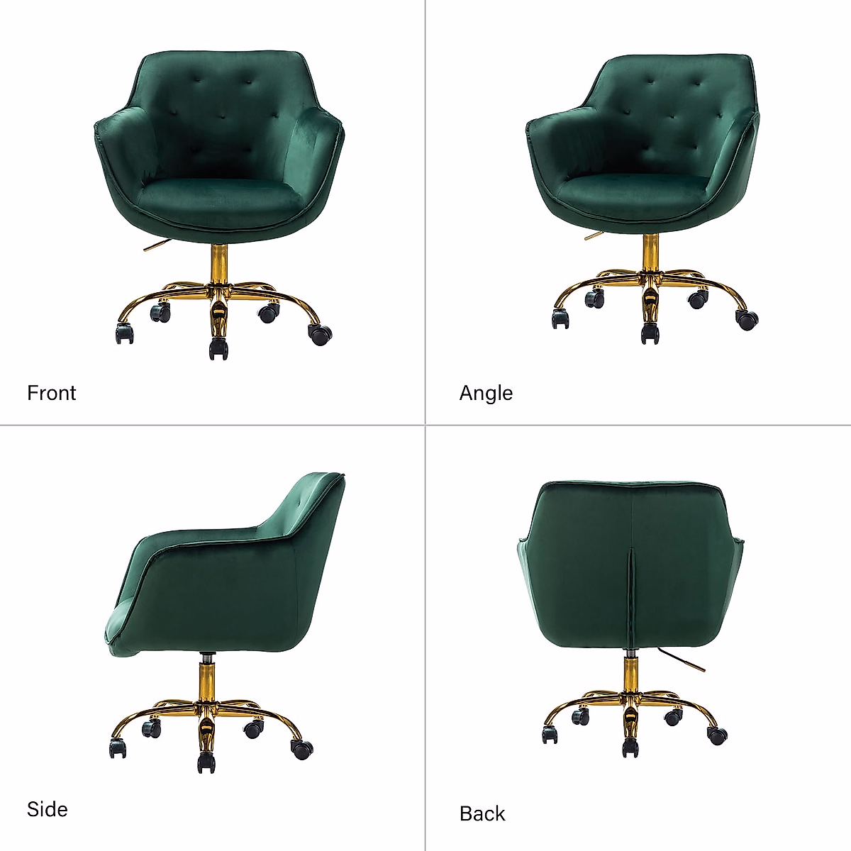 HULALA HOME Velvet Office Chair with Gold Base, Modern Cute Mid-Back Desk Chair, Adjustable Swivel Computer Task Chair for Living Room, Bedroom, Study, Vanity, Green