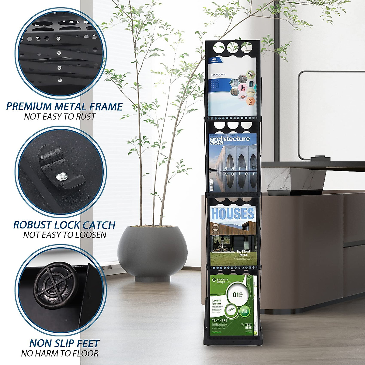 ChoiCARE Literature Catalog Rack, Foldable Magazine Brochure Display Stand, Magazine Floor-Standing with Portable Oxford Bag, for Office Store and Exhibition Trade Show (4 Pockets, Black)