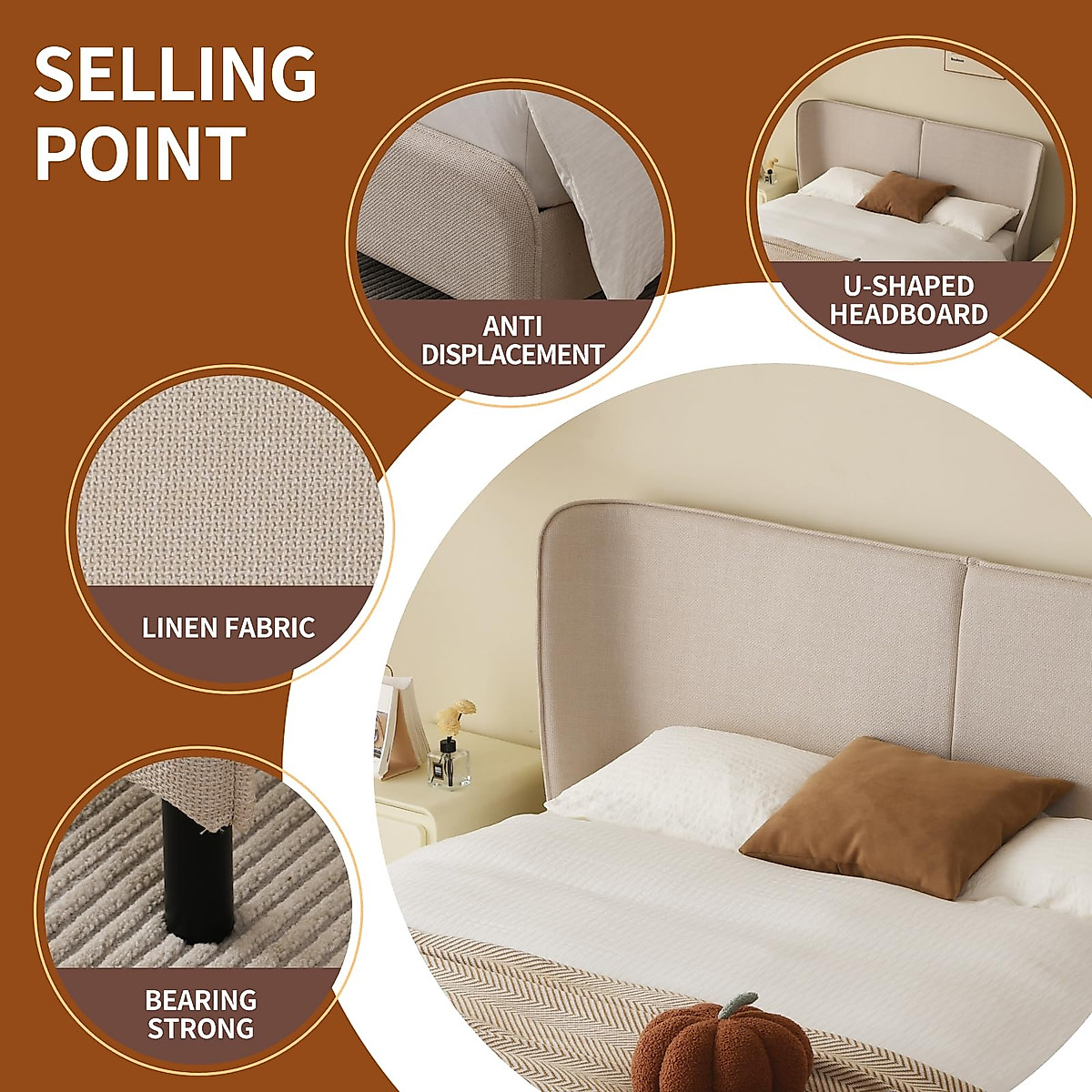 PINJU Queen Upholstered Platform Bed with Wingback Rounded Headboard, Solid Wood Slat Support, Easy to Assemble and No Noise Free (QUEEN, Beige)